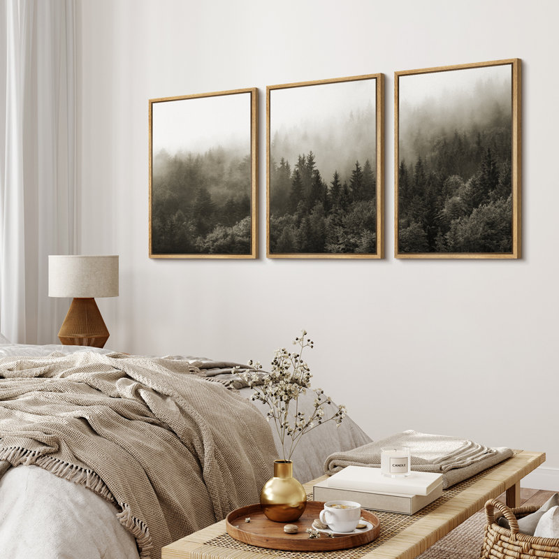 IDEA4WALL Framed Canvas Print Wall Art Woodland Nursery Decor Set Fog & Mist Over Blue Pine Tree ...